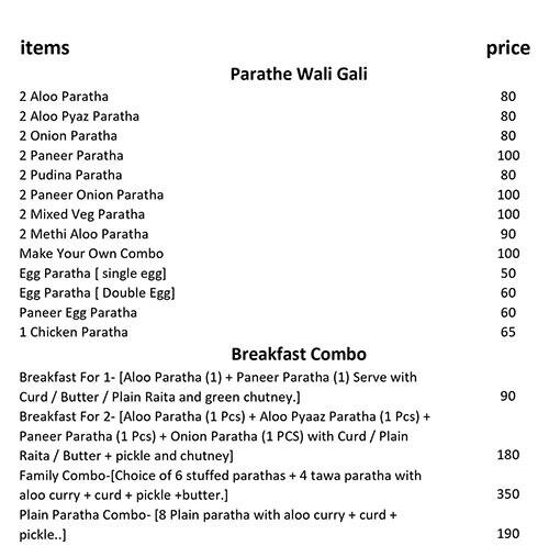 Menu of Nashta Point, Amrapali Dream Valley, Greater Noida