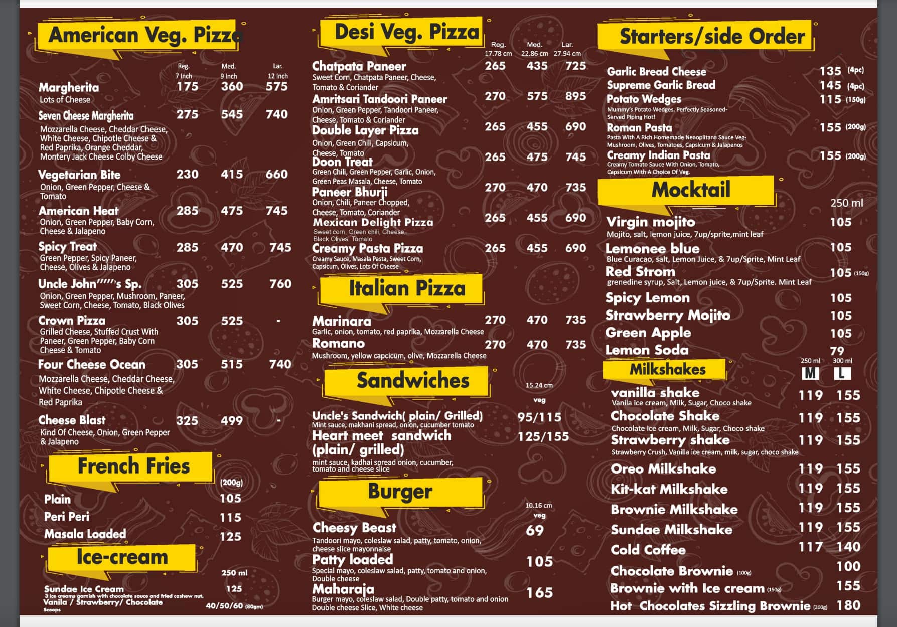Menu of Uncle John's Pizza, Prahlad Nagar, Ahmedabad