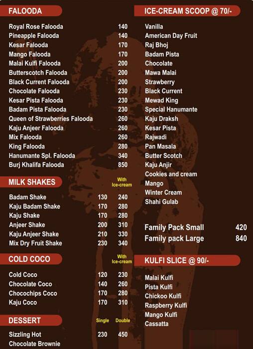 Menu of Hanumante Special Faluda Badam Shake, Owale, Thane West, Thane