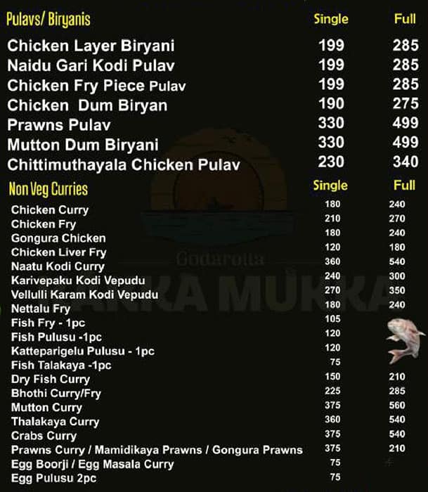 Menu of Godarolla Kakka Mukka, Suraram, Hyderabad
