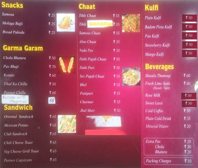 Menu of Nungambakkam Chaat Corner, Nungambakkam, Chennai