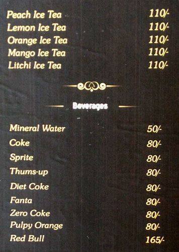 Menu at Water, Hyderabad, Plot 51