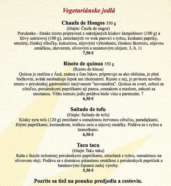 Menu at Casa Inka restaurant, Slovakia