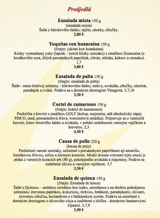 Menu at Casa Inka restaurant, Slovakia