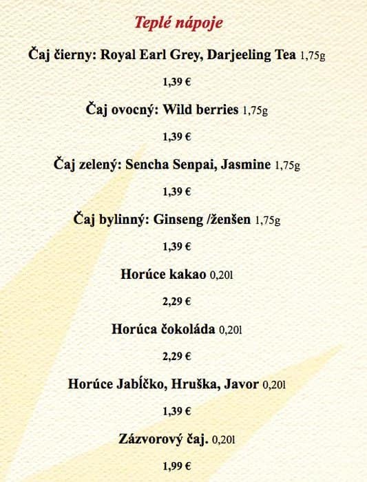 Menu at Casa Inka restaurant, Slovakia
