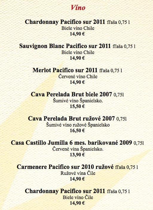 Menu at Casa Inka restaurant, Slovakia