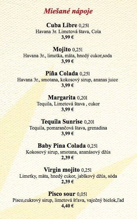 Speisekarte von Casa Inka restaurant, Slowakei