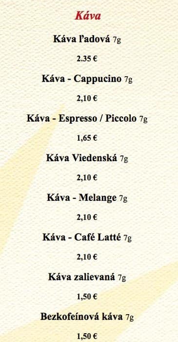 Menu at Casa Inka restaurant, Slovakia
