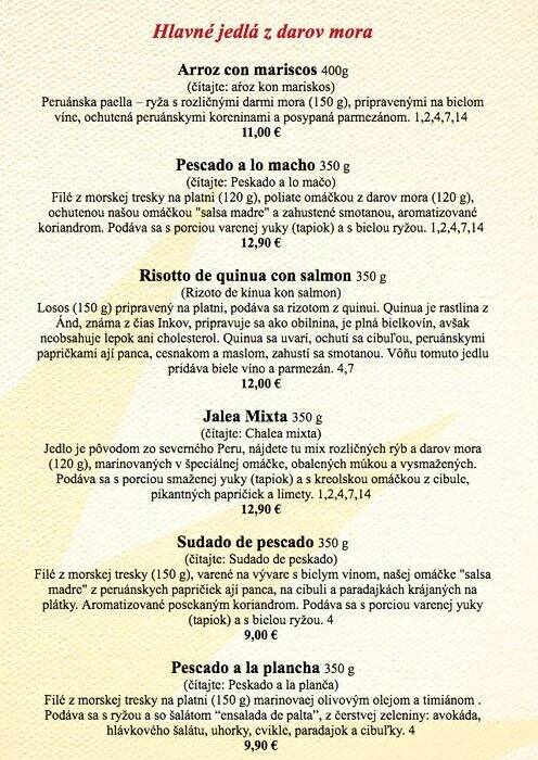 Speisekarte von Casa Inka restaurant, Slowakei