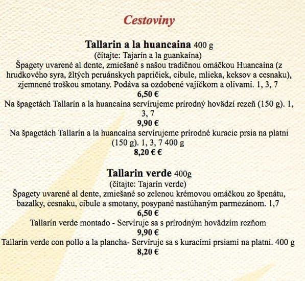 Menu at Casa Inka restaurant, Slovakia