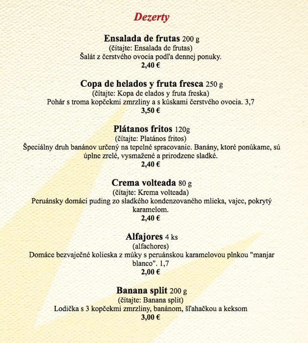 Menu at Casa Inka restaurant, Slovakia