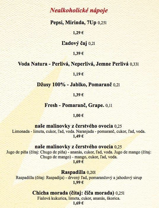 Menu at Casa Inka restaurant, Slovakia