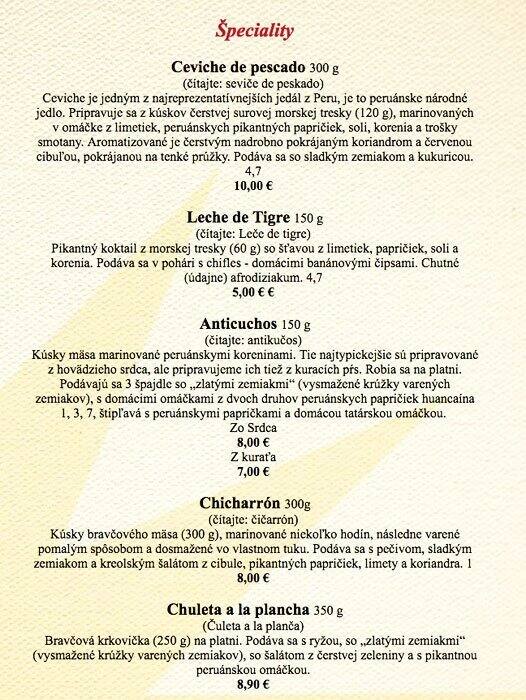 Menu at Casa Inka restaurant, Slovakia