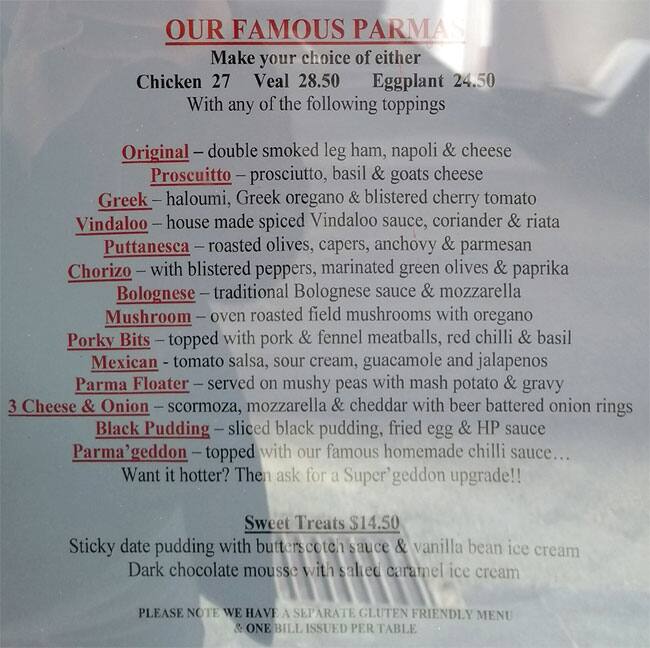 Menu at Mrs Parma's - Victorian microbew bar/ bistro, Melbourne