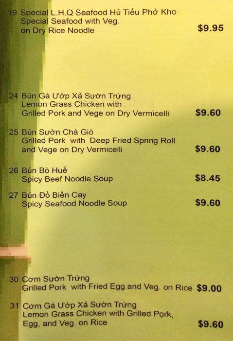 Menu at Lam Hoa Quan restaurant, Vancouver, Victoria Drive