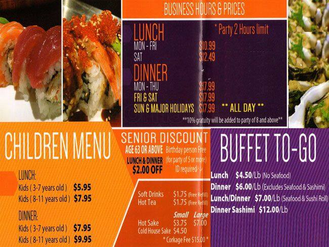 Menu at Kokyo Sushi Buffet restaurant, Hayward