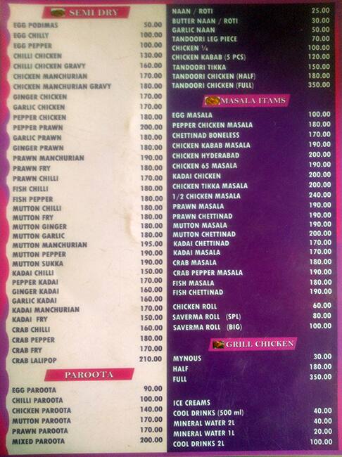 Menu at Akash fast food, Chennai, metro pillar no 183