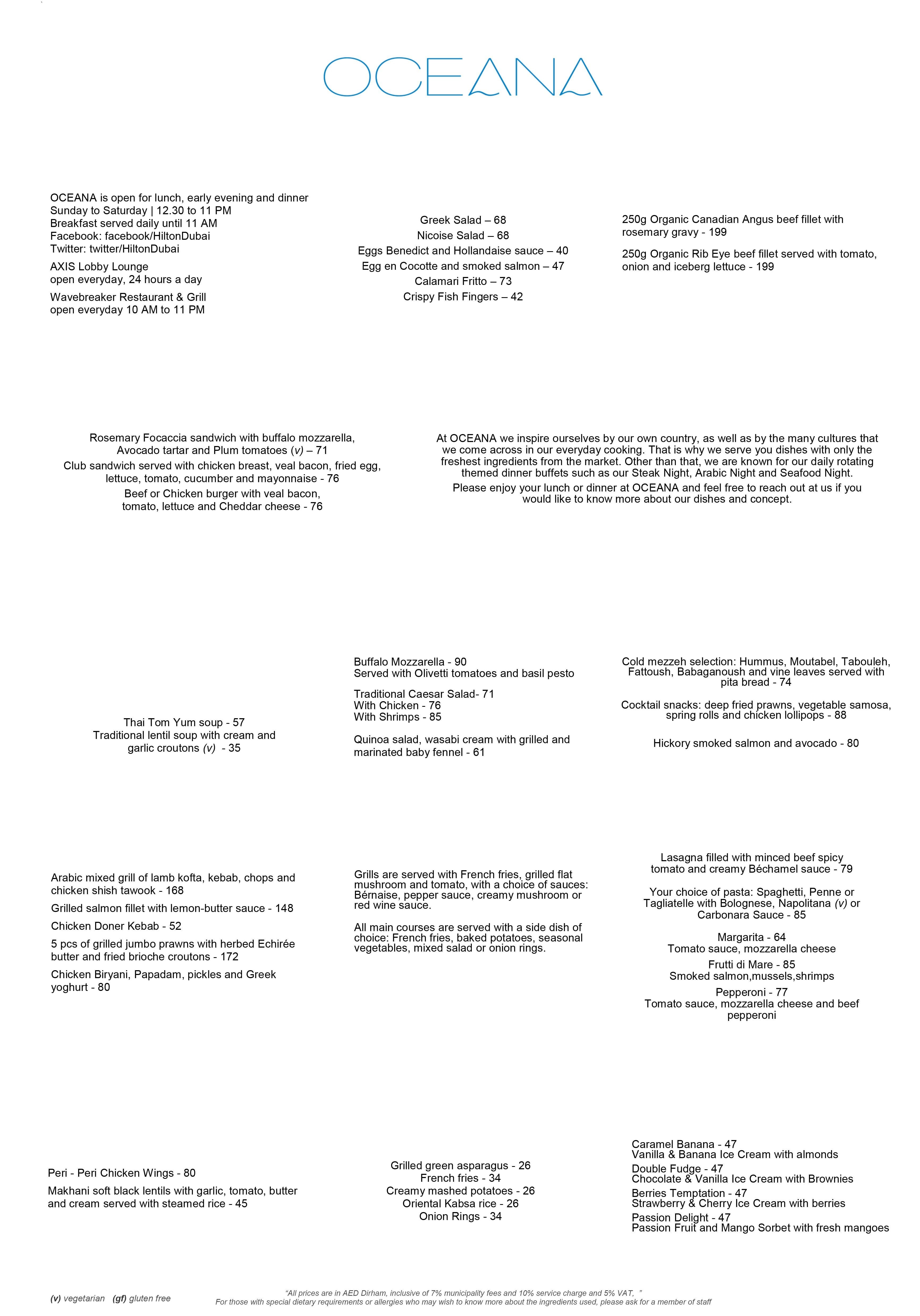 Menu at Oceana - Hilton Dubai Jumeirah restaurant, Dubai