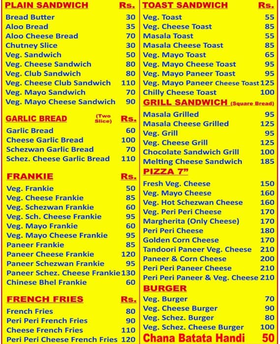Menu of Raj Snacks Corner, Vasai, Mumbai