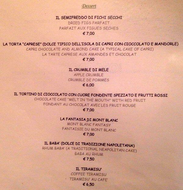 Menu at Hostaria Luce restaurant, Rome