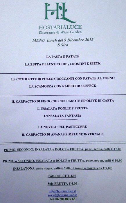 Menu at Hostaria Luce restaurant, Rome