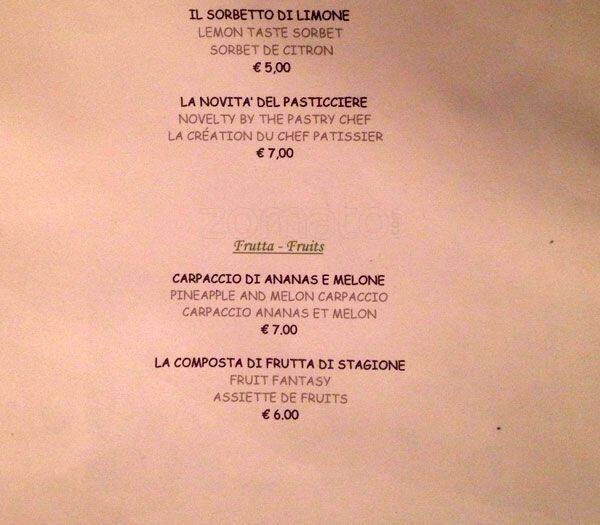 Menu at Hostaria Luce restaurant, Rome