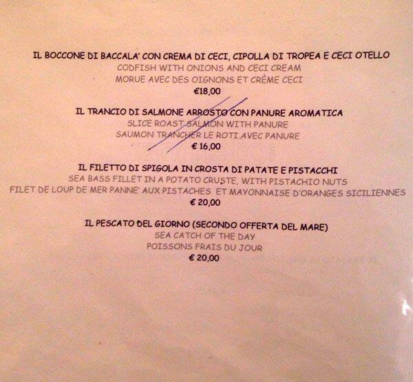 Menu at Hostaria Luce restaurant, Rome