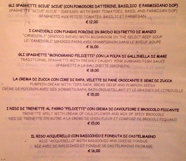Menu at Hostaria Luce restaurant, Rome