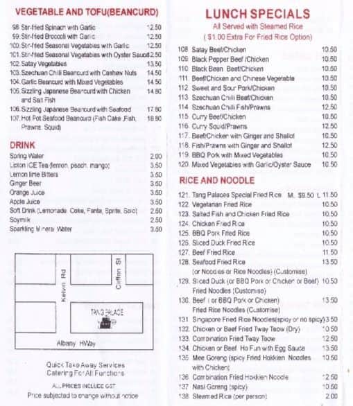 Menu at Tang Palace restaurant, Maddington