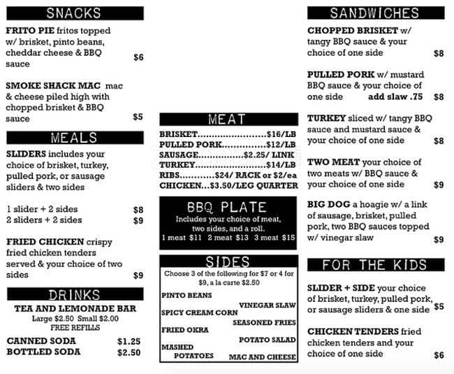 Menu at Smoke Shack BBQ, San Antonio, Nacogdoches Rd