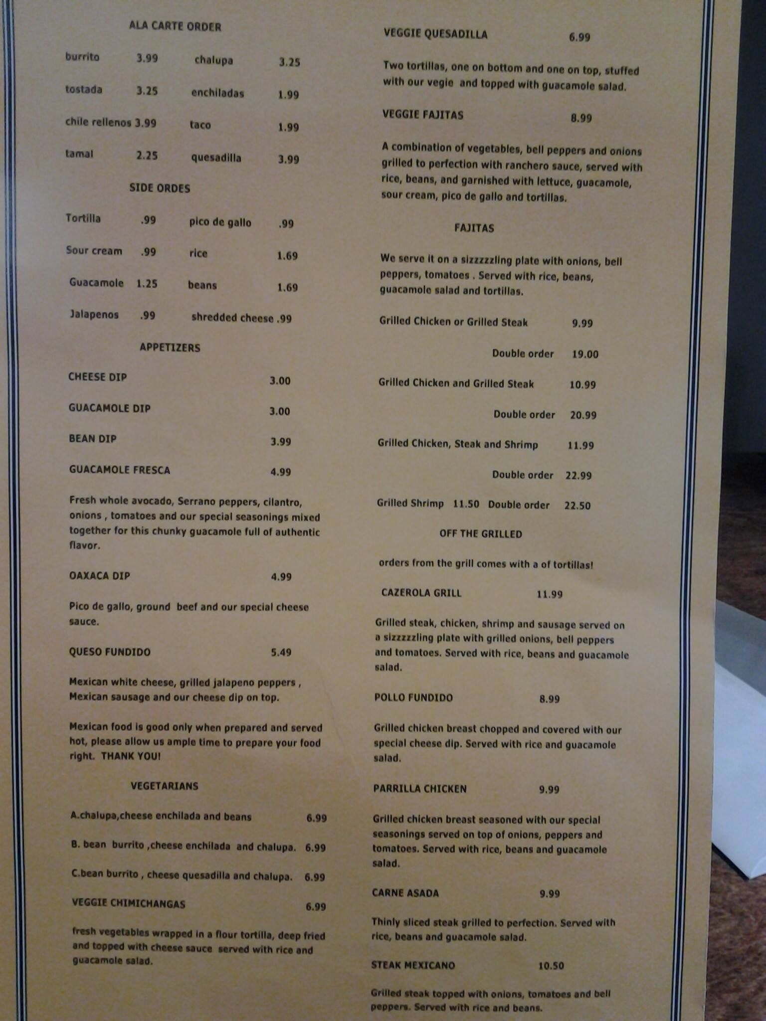 Menu at Oaxaca restaurant, Columbiana