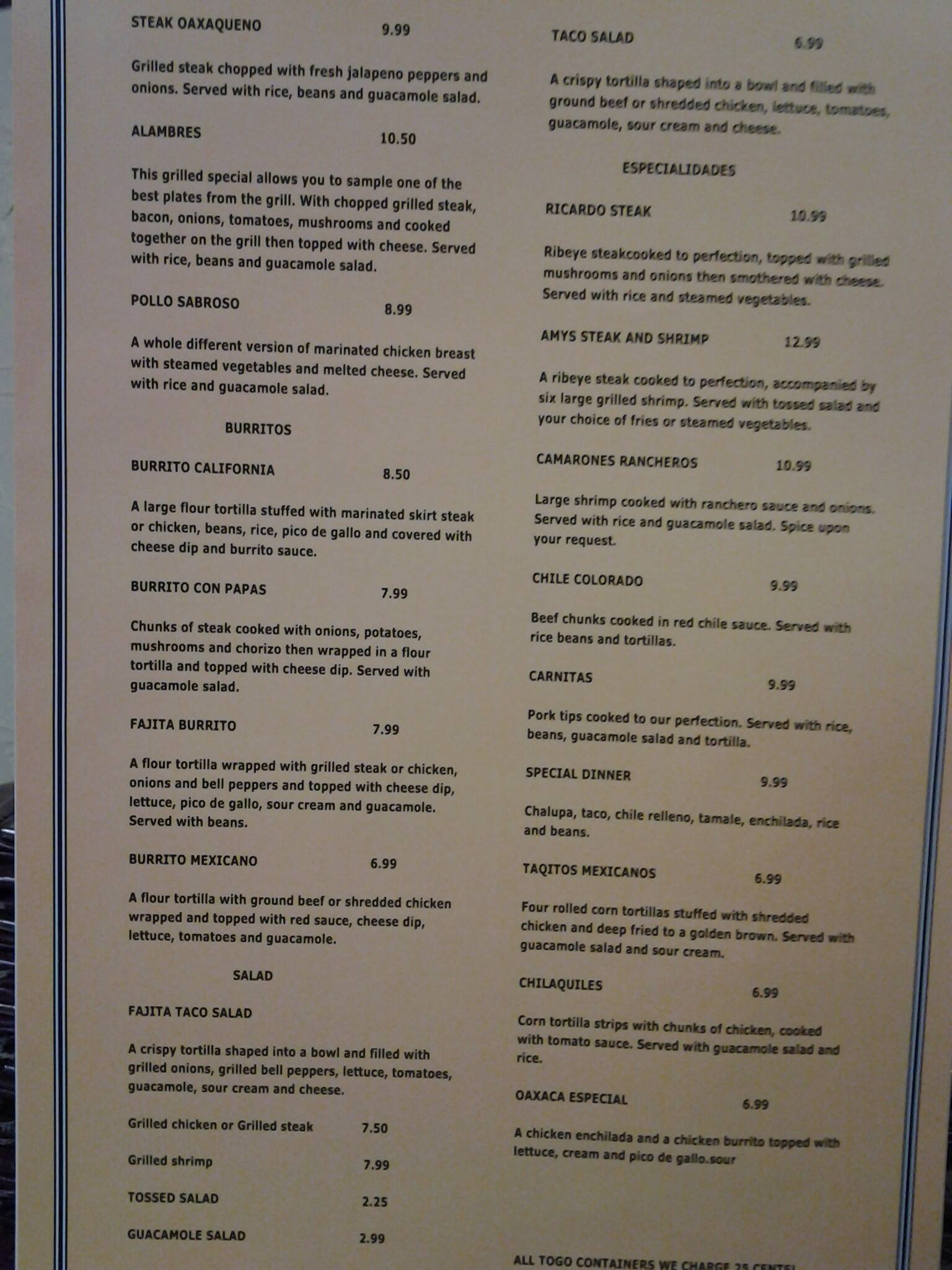 Menu at Oaxaca restaurant, Columbiana