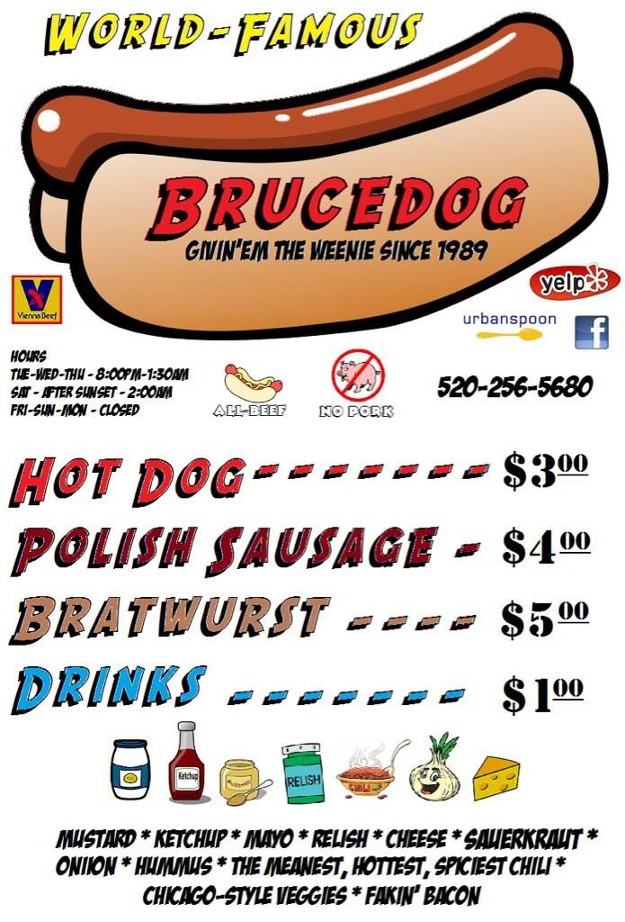 Menu at Bruce Dog restaurant, Tucson, E Speedway Blvd