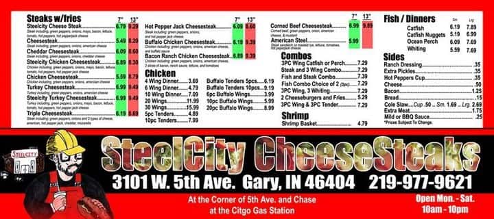 Menu at SteelCity CheeseSteaks restaurant, Gary