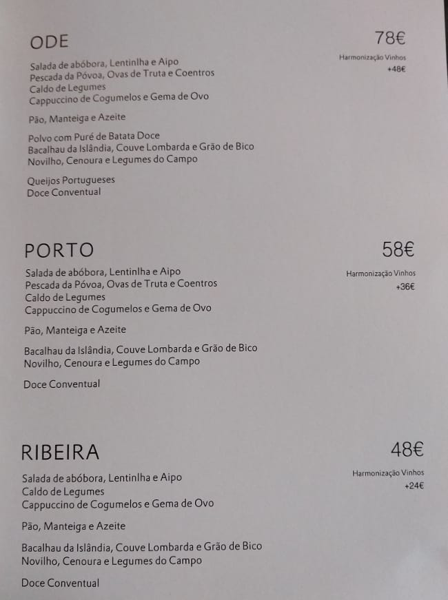 Menu at ODE Porto Wine House restaurant, Porto