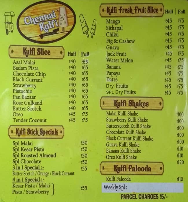 Menu at Chennai Kulfi, Chennai, 293