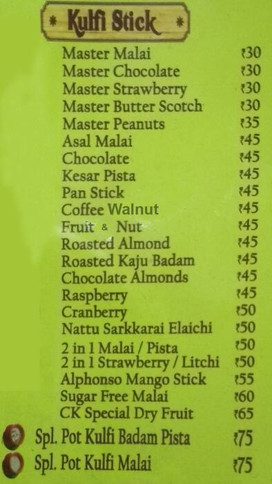 Menu at Chennai Kulfi, Chennai, 293