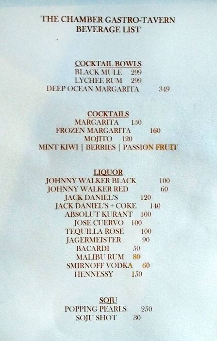 Menu at The Chamber Gastro Tavern pub & bar, Quezon City, Second Floor
