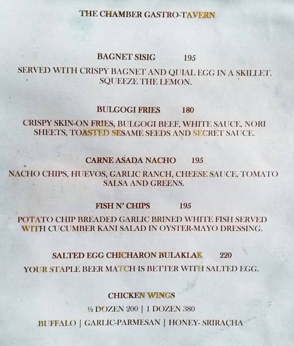 Menu at The Chamber Gastro Tavern pub & bar, Quezon City, Second Floor