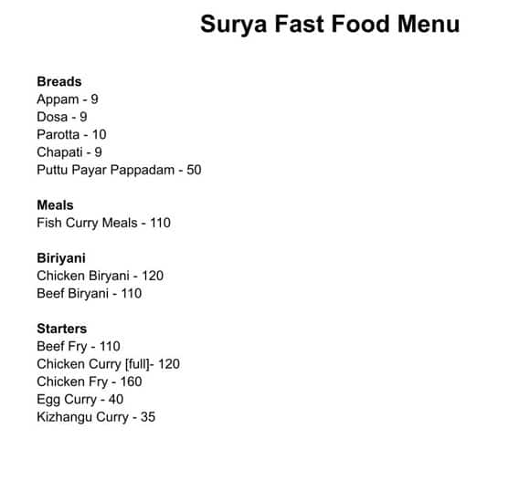 Menu of Surya Fast Food, Kattakada Locality, Trivandrum