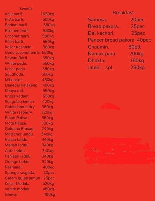 Menu of Krishna Sweets, Sector 39, Gurgaon
