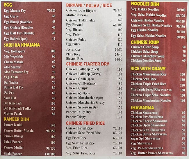 Menu of Cafe Sagar, Turbhe, Navi Mumbai