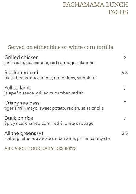 Menu at Pachamama restaurant, London