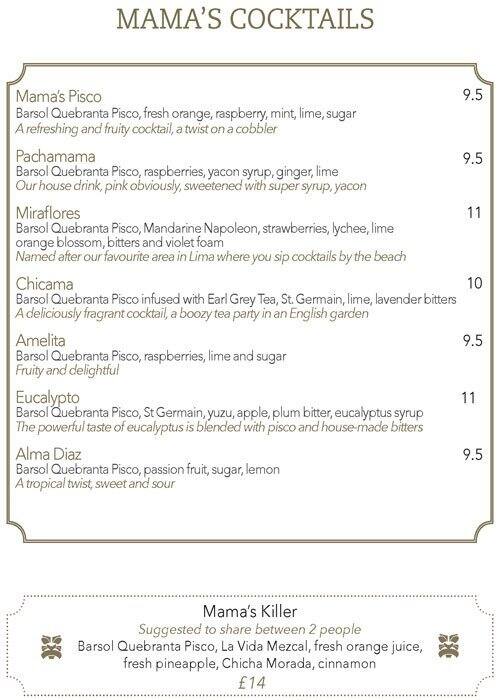 Menu at Pachamama restaurant, London