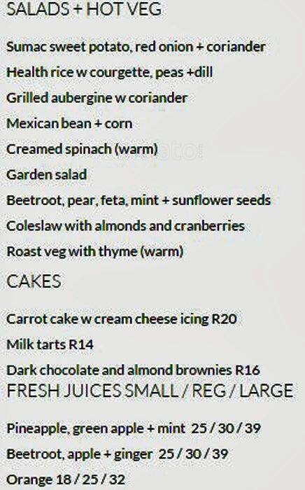 Menu at Café Frank restaurant, Cape Town, 160 Bree St