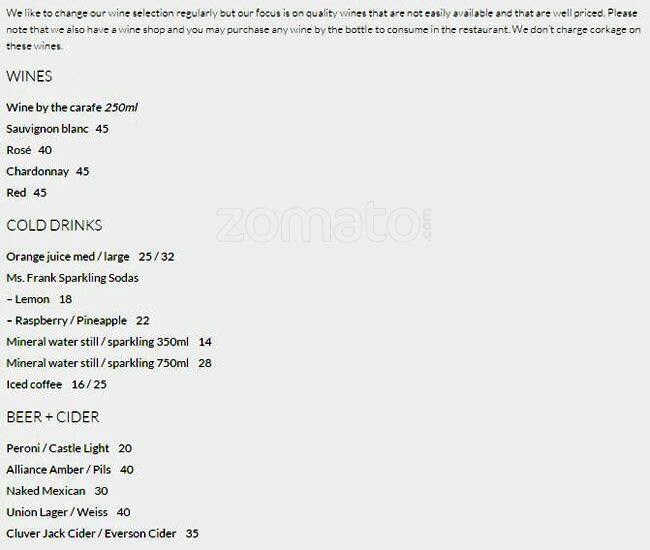 Menu at Café Frank restaurant, Cape Town, 160 Bree St