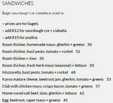 Menu at Café Frank restaurant, Cape Town, 160 Bree St