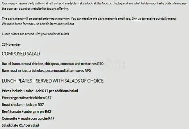 Menu at Café Frank restaurant, Cape Town, 160 Bree St