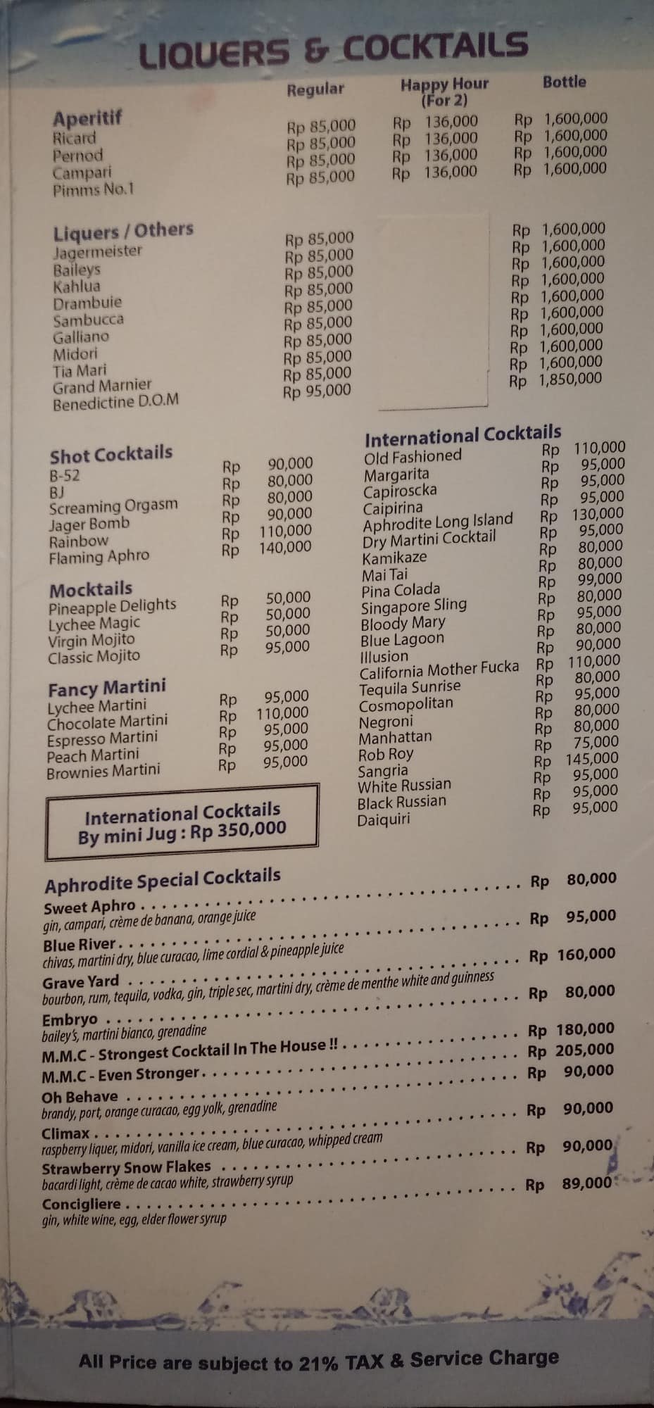 Menu at Ex-Aphrodite pub & bar, South Jakarta
