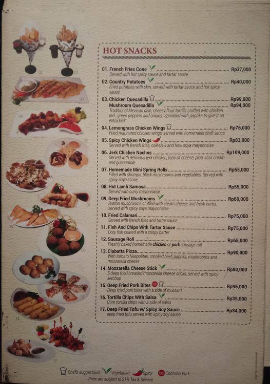 Menu at Ex-Aphrodite pub & bar, South Jakarta